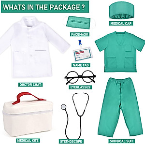 Toylink Kids Doctor Costume Pretend Play Kit with Lab Coat Carrying Bag Accessories Halloween Doctor Dress up for Boys Girls