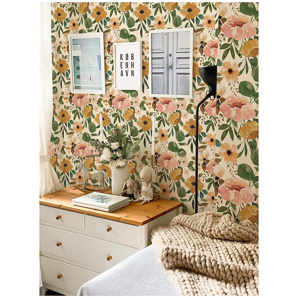 HAOKHOME Vintage Boho Floral Peel and Stick Wallpaper Peonies Removable Rose Beige/Pink/Oliva Vinyl Self Adhesive Contact Paper 17.7in x 9.8ft