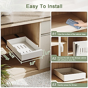 NETEL 2 Packs Pull Out Cabinet Organizer Fixed With Adhesive Nano Film, Heavy Duty Slide Out Pantry Drawers for Kitchen Cabinets, Living Room, Bathroom, 16.5" (L) x 9.8"(W) x 2.36"(H), White