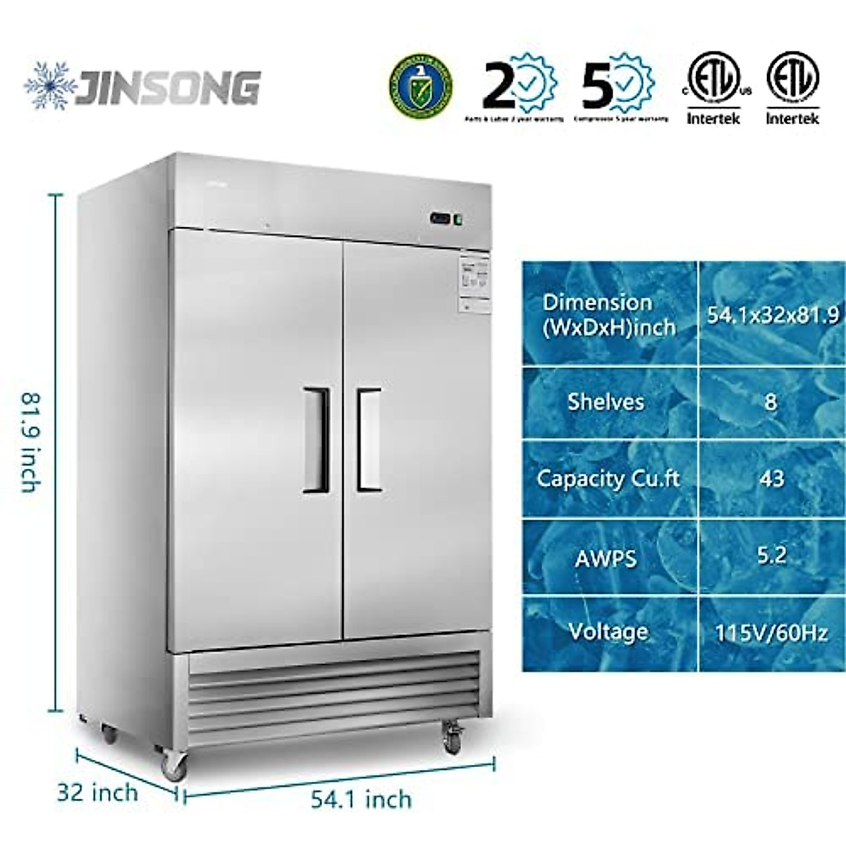 INSONG 54" Commercial Freezer, 49 cu.ft with 2 Solid Door Stainless Steel Reach-in Freezer for Restaurant, Bar, Shop, Residential