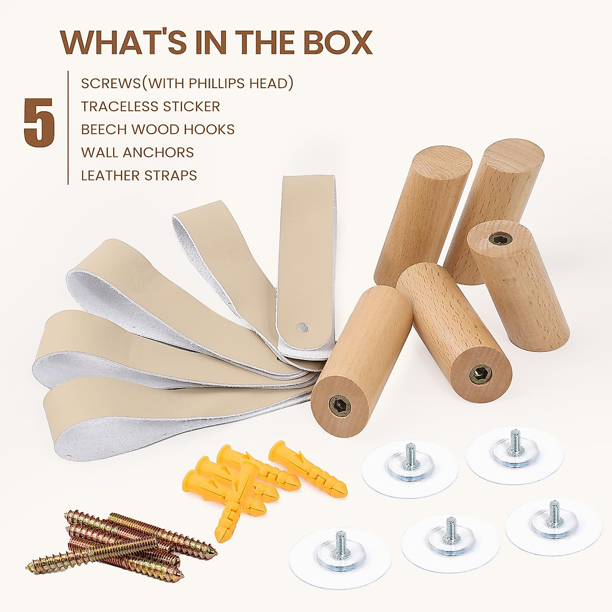 evory 5 Pack Wood Wall Hooks, Rustic Wooden Coat Hooks Wall Mount, No Damage Adhesive Hat Hooks for Wall, Decorative Coat Rack Hangers for Hanging Clothes Towels Guitar Backpacks Purses