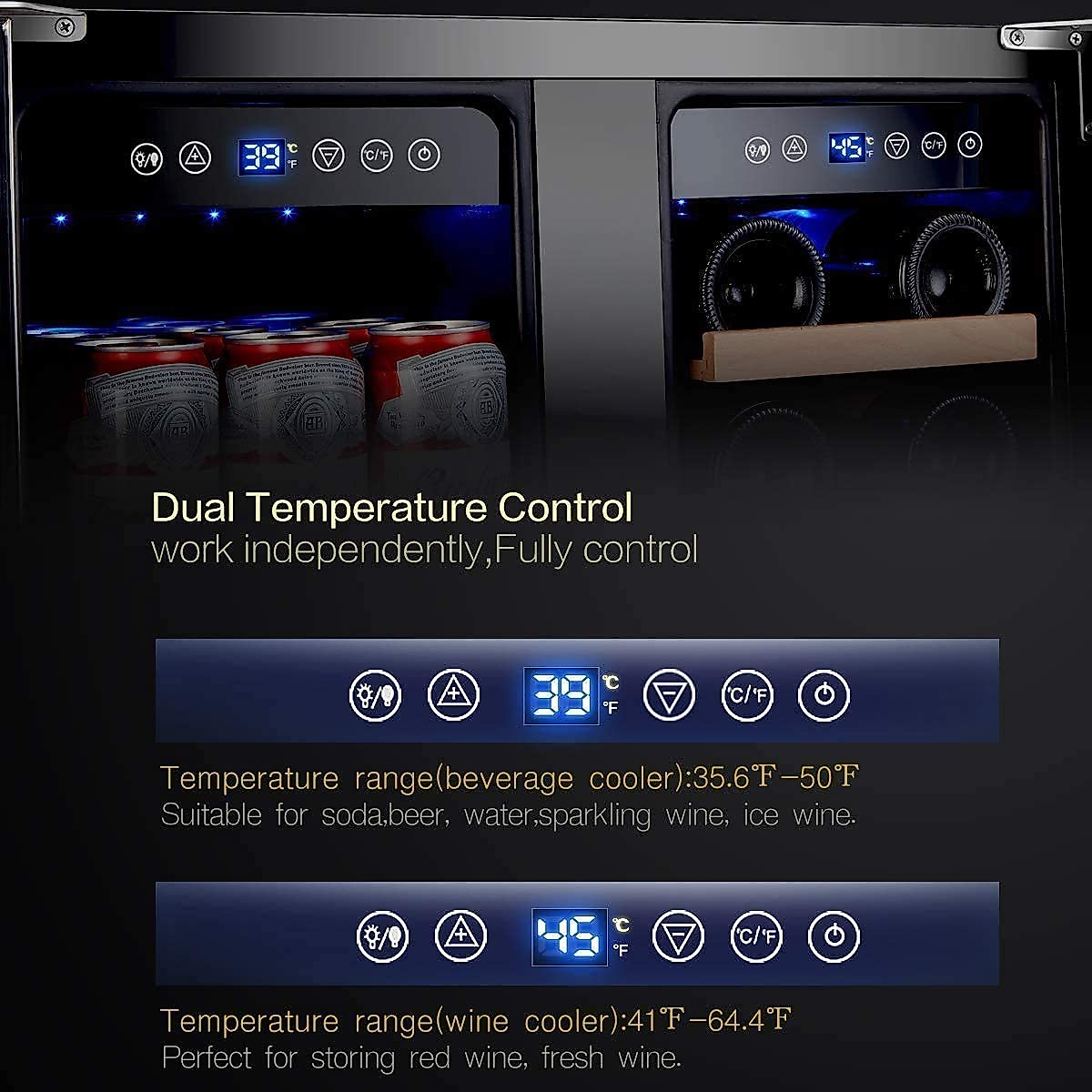 AAOBOSI 24 Inch Wine and Beverage Refrigerator - 19 Bottles & 57 Cans Capacity Dual Zone Wine Cooler - Wine Fridge Built in Counter or Freestanding - 2 Safety Locks and Blue Interior Light