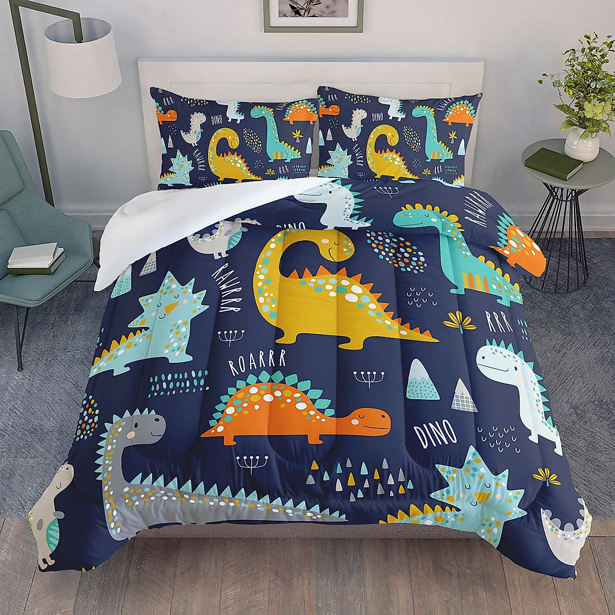 Datura home Bedding Comforter Set Kawaii Cartoon Dinosaur Printed Pattern Bedding Set with 1 Comforter and 2 Pillowcases for Boys Bedroom All Season(Cute Dinosaur Twin), Twin 68x86inches