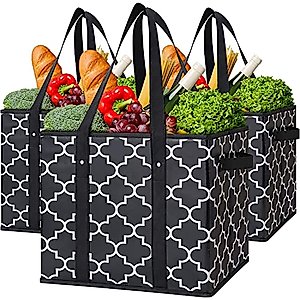 WISELIFE Reusable Grocery Bags 3-Pack Foldable Washable Large Storage Bins Basket Water Resistant Shopping Tote Bag Black