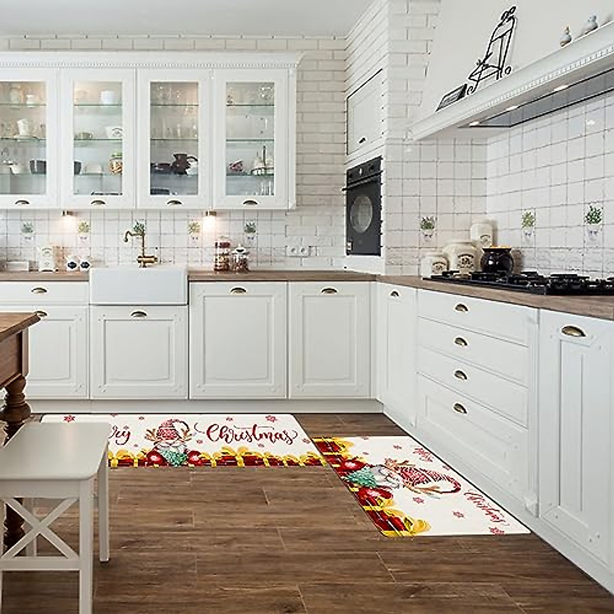 Libaoge Merry Christmas Kitchen Mat Rug Set of 2 Gnome with Horns Red Gift Box Runner Rug Anti-Fatigue Comfort Memory Foam Standing Mat Non-Slip Floor Door Mat for Bathroom Bedroom 16x24n+16x47in