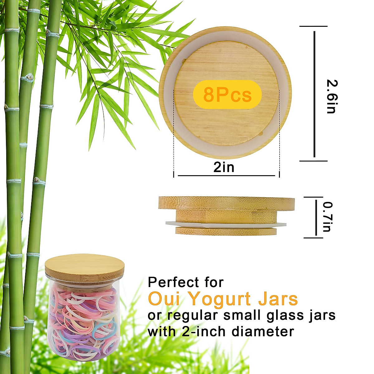 Oui Yogurt Jar Lids - 8 Pack Oui Yogurt Bamboo Jar Lids Set, Reusable Oui Lids Natural Bamboo Lids for Oui Yogurt Jars with Labels & Silicone Sealing Rings, Perfect Sealing