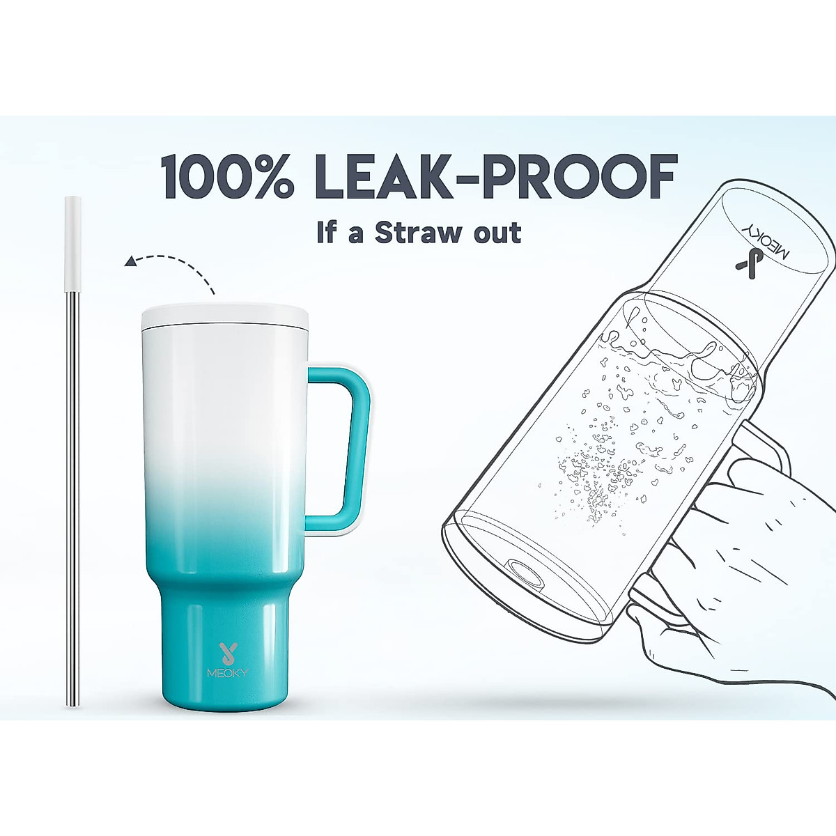 Meoky 40oz Tumbler with Handle, Leak-proof Lid and Straw, Insulated Coffee Mug Stainless Steel Travel Mug, Keeps Cold for 34 Hours or Hot for 10 Hours (Azure)