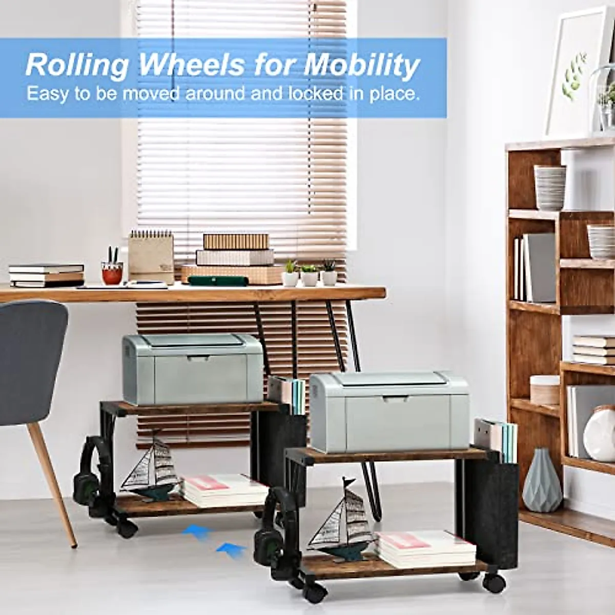 melos Printer Cart, 2-Tier Printer Stand with Storage, Mobile Printer Stand Shelf with Wheels, Under Desk Printer Stand for Fax Machine, Copier, Scanner, Printer, Scanner