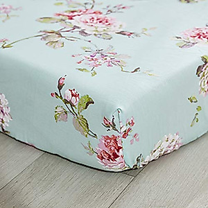 Brandream French Country Fitted Crib Sheet, Hydrangea Rose Floral 100% Organic Cotton Baby Crib Sheet for Standard Crib and Toddler Mattresses (Blue-Green)