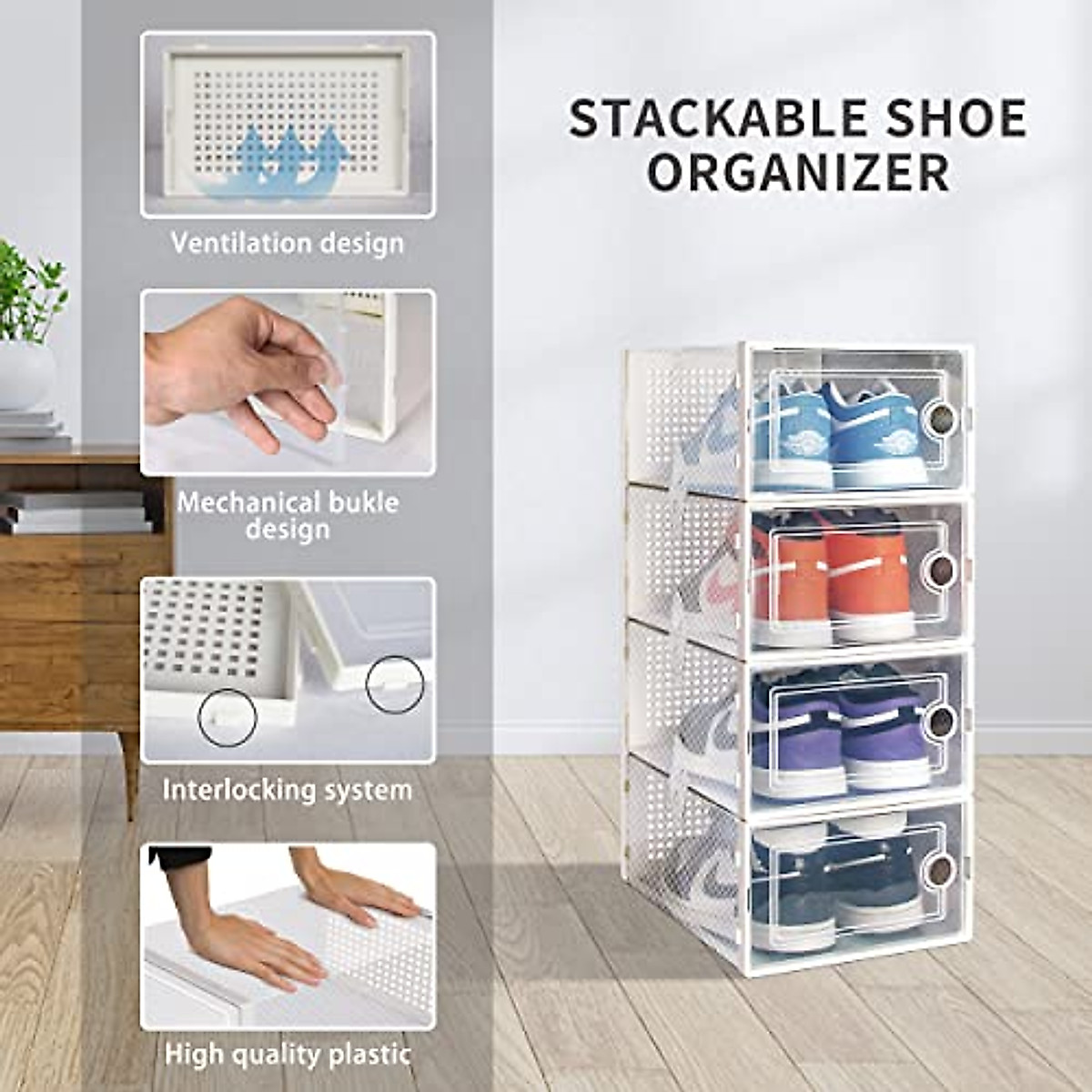 Hrrsaki 15 Pack Shoe Organizers Storage Boxes for Closet, Clear Plastic Stackable Shoe Containers with Front Opening Lids, Ventilation and Dust-proof, Under Bed Shoe Storage for Entryway, Drop Front, Cubby, Fit for Women/Men Size 9(13” x 9” x 5.5”), White