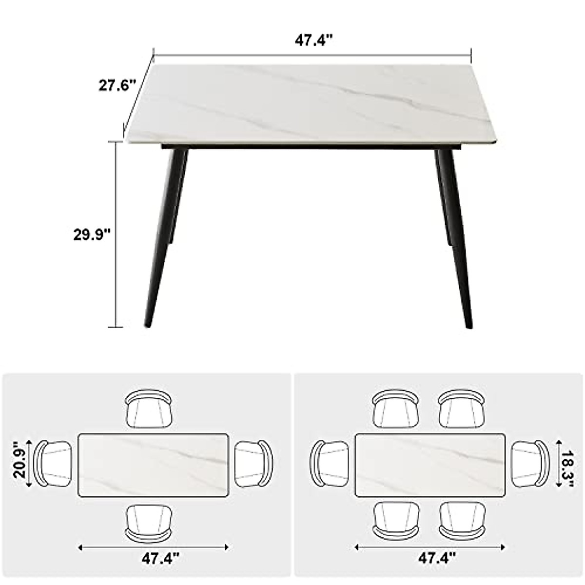seonyou Dining Table Slate Stone with Sturdy Black Metal Base, White Mid Century Modern Dining Table Kitchen Tables for Small Spaces Rectangular Dining Room Table Restaurant（47“L）