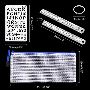 48 Pieces Journal Planner Stencils Plastic Bullet Stencil with A6 File Bag, Steel Ruler and 2 Pieces Metal Key Rings for Notebook, Diary, Scrapbook and DIY Drawing Template, Total 52 Pieces