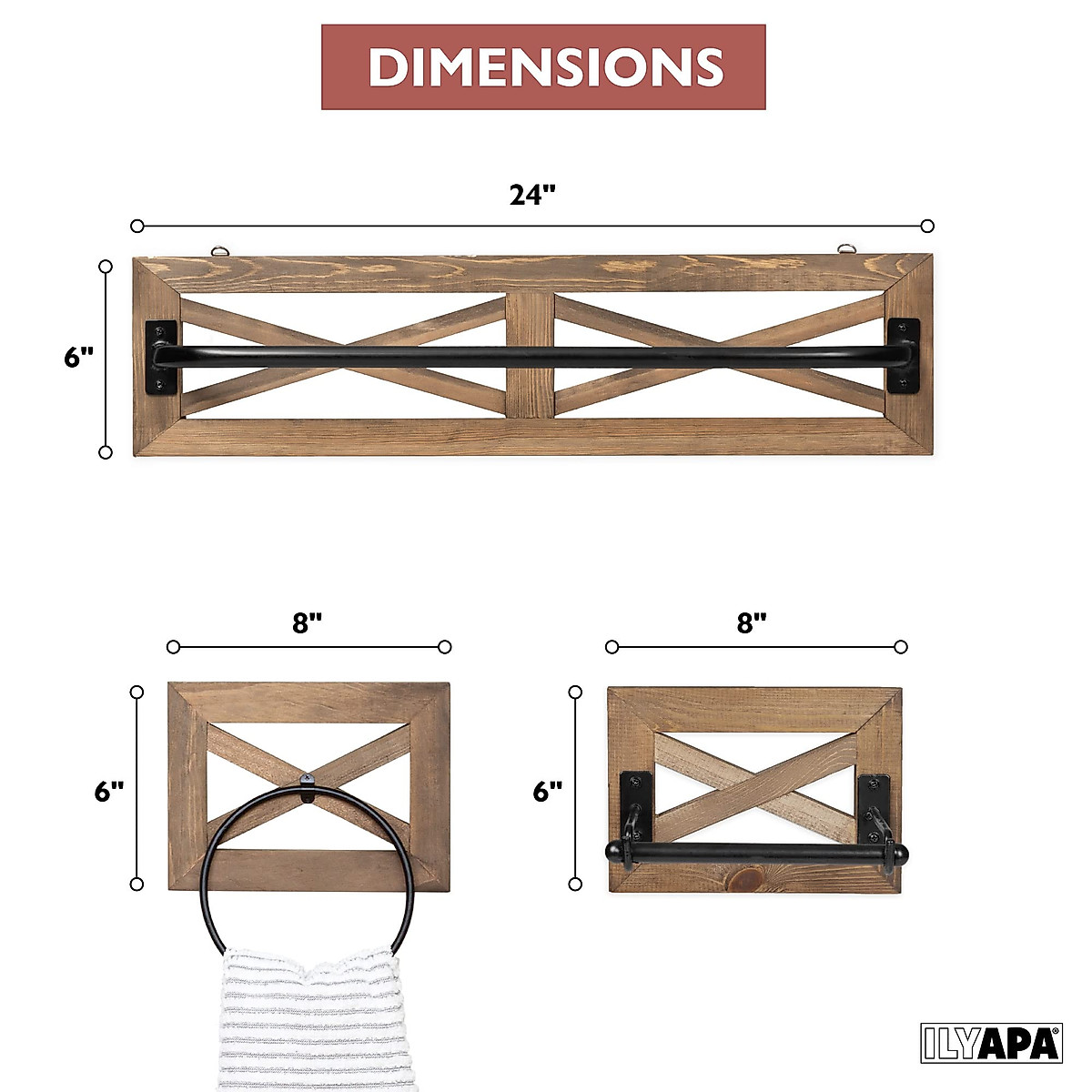 Ilyapa Rustic Towel Bar Toilet Paper Holder Set with Towel Ring for Bathroom- Wall Mounted Bathroom Racks -Barnwood & Black Metal Bar, Farmhouse Decor Ilyapa is an American Owned Brand