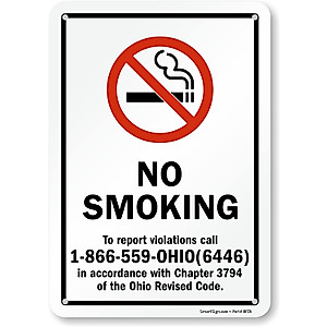 SmartSign 10 x 7 inch “No Smoking - to Report Violations Call 1-866-559-Ohio(6446) in Accordance with Chapter 3794” Ohio State Sign, Digital Printing, 55 mil HDPE Plastic, Red, Black and White