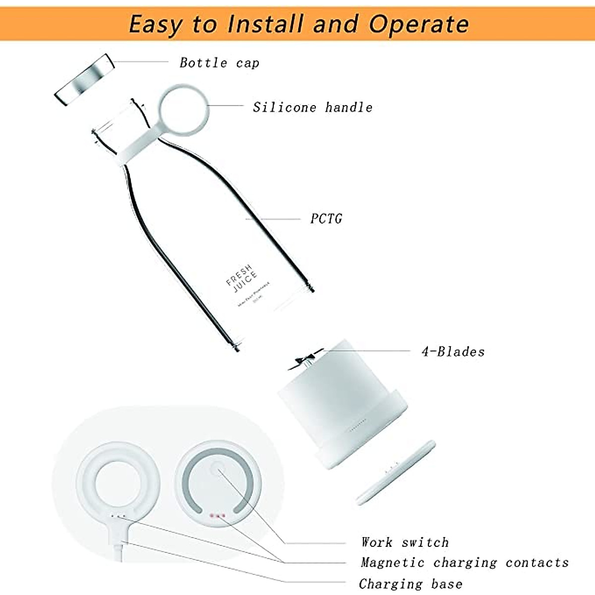 DeFyned Personal Travel Blender for Fresh Juice, Smoothies and Shakes, Portable Size Blender, Wireless Charging USB Blender (White)
