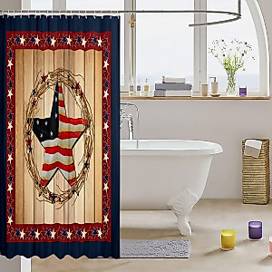 Retro Star American Flag Shower Curtains Red Navy Blue Plaid Vintage Decor Bath Curtains for Bathtub Wooden Stripes Rustic Farmhouse Bathroom Curtains with 12 Hooks 72" W x 84" L