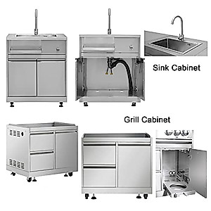 SINDA 6 Piece Modular Outdoor Kitchen Suit, w/Pizza Oven, 4 Burner Natural Gas Grill, BBQ Grill Cabinet, 24" Undercounter Refrigerator, Fridge Cabinet, Sink Cabinet (w/Natural Gas Kit)