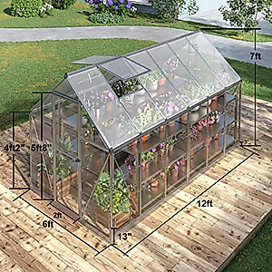 PAPABABE 6x12 FT Hybrid Polycarbonate Greenhouse with 2 Vent Window Lockable Hinged Door Walk-in Hobby Greenhouse Aluminum Hot House for Outdoor Sun Room, Silver