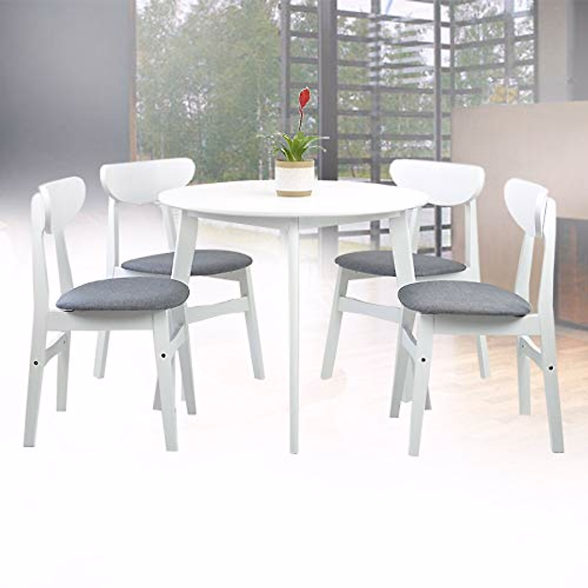 Dining Room Set of 2 Yumiko Chairs and Round Dining Table Kitchen Modern Solid Wood w/Padded Seat, White Color with Light Gray Cushion