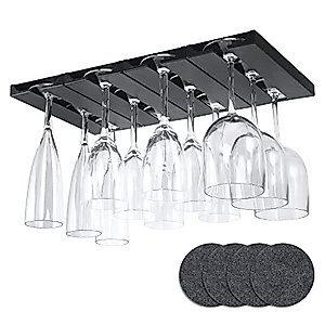 PTBeenta Plastic Wine Glass Rack, No Drilling Wine Glasses Holder Under Shelf & Cabinet, Hanging Stemware Rack Organizer Hanger for Bar Cabinet Kitchen, 4 Pack, Black, 4 Coasters Included