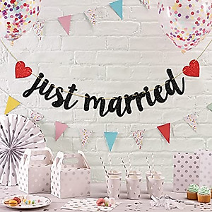 Just Married Banner - Wedding Banner - Wedding Bridal Shower Bachelorette Party Decorations (Black&Red)