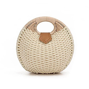 Ynport Straw Purses for Women Summer Beach Rattan Tote Bag Round Handle Ring Handbag Retro Handmade Woven Shell Bag