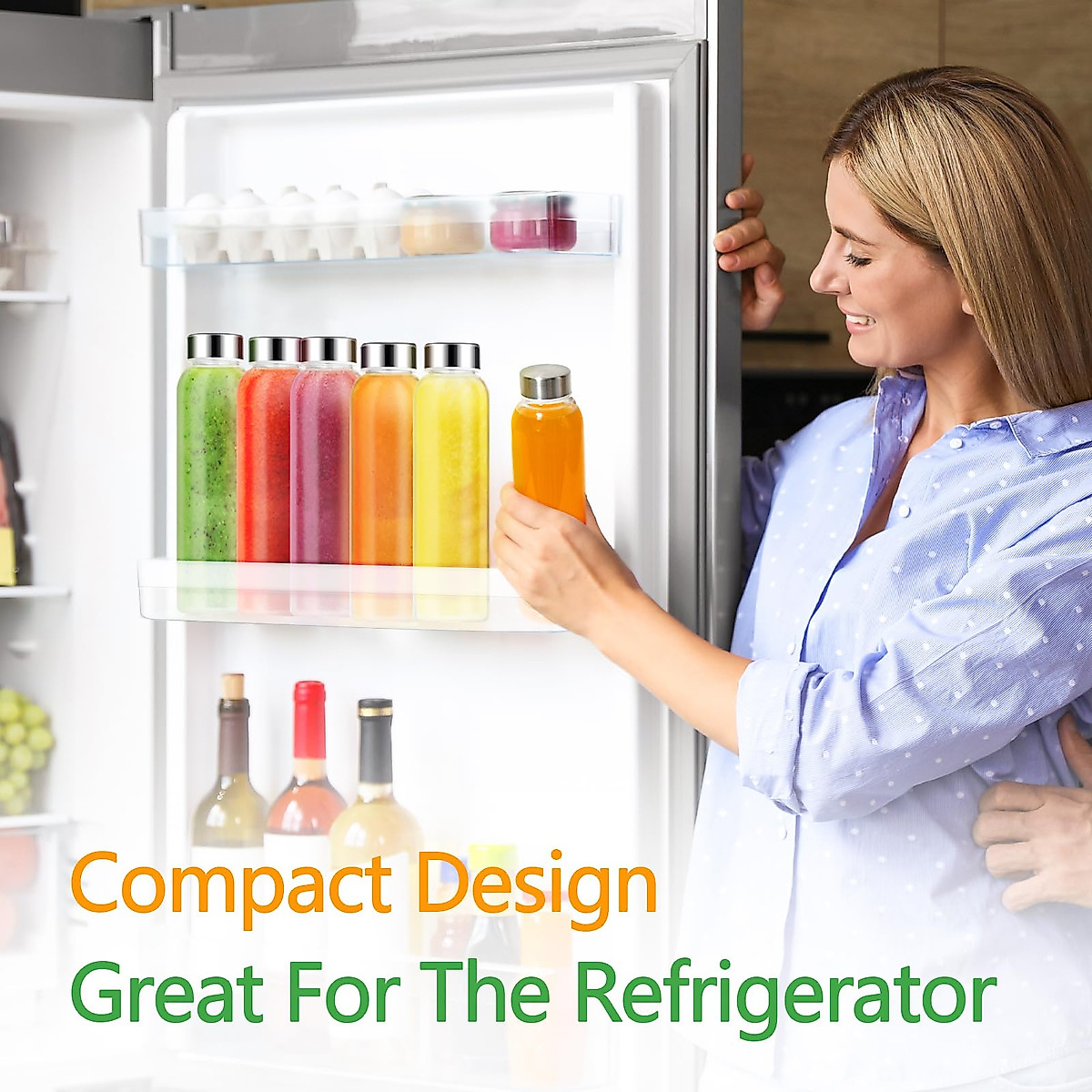 Zukro Glass Juice Bottles with Lids for Juicing 18 oz, Reusable Clear Glass Water Bottles with Stainless Steel Airtight Cap for Refrigerator, 100% Leak Proof, BPA Free, Set of 3