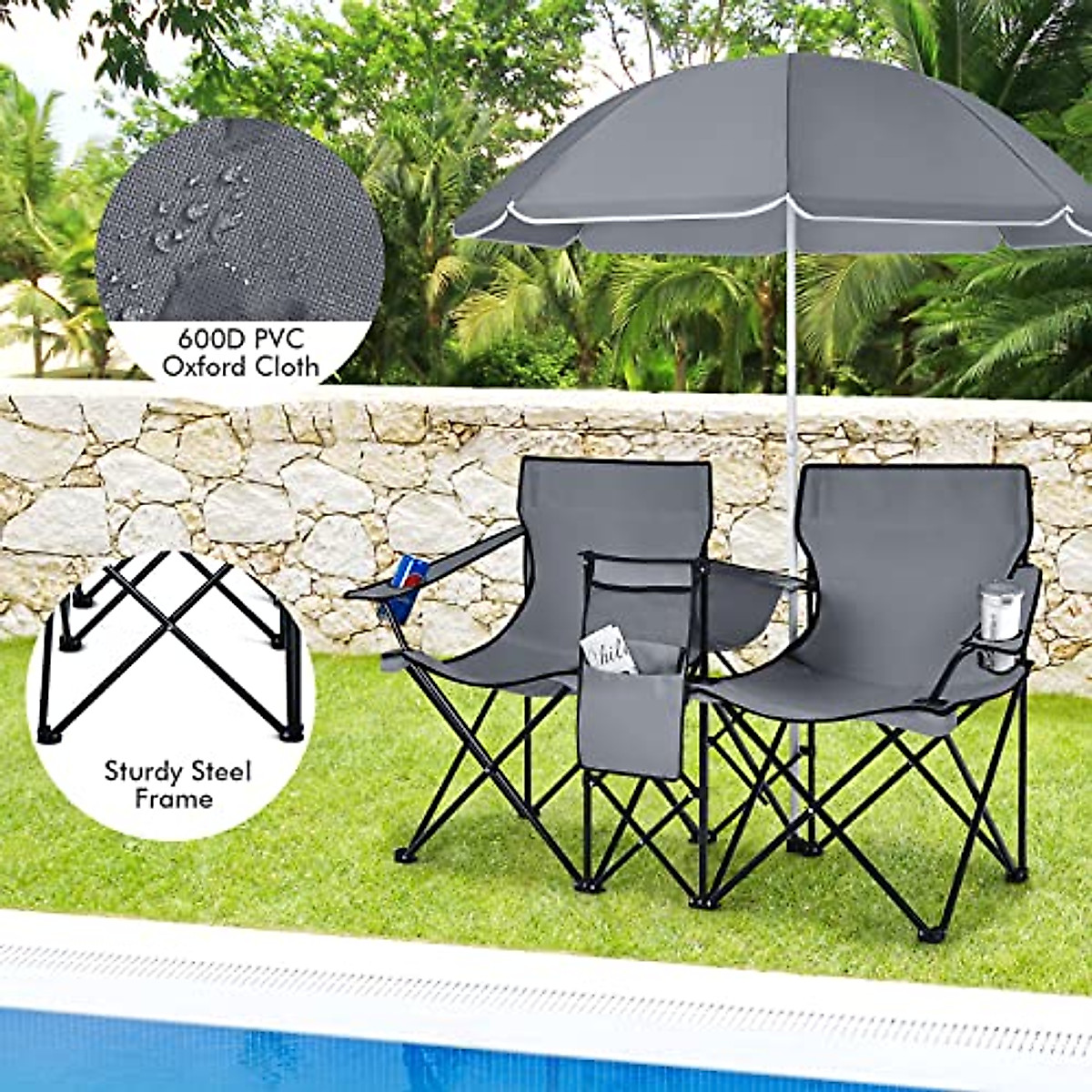 COSTWAY, Folding w/Detachable Umbrella, Cooler Bag, Cup Holders, Patio Beach Camping Outdoors Double Portable Picnic Chair, Grey