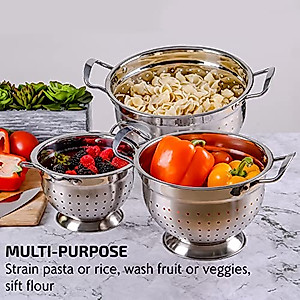 Ovente Premium Stainless Steel Colander Set of 3 Deep Kitchen Strainer, Dishwasher Safe 1.5, 3 & 5 Quarts Metal Bowl Drainer with Handle for Pasta, Fruit, Noodle, Meal Prep, Silver C46263S