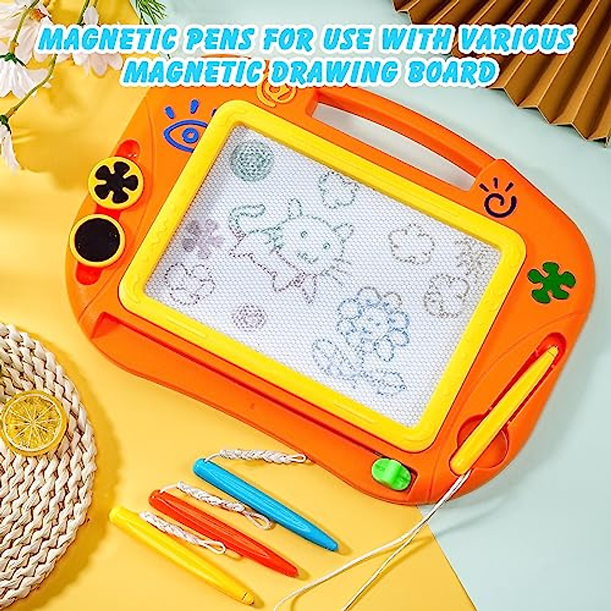 Qilery 12 Pcs Replacement Stylus Magnetic Drawing Pen Magnet Replacement Pens with Rope Educational Toys for Magnetic Drawing Board Magnapad Writing Tablet A to Z and Numbers 0-9, Blue Yellow Orange