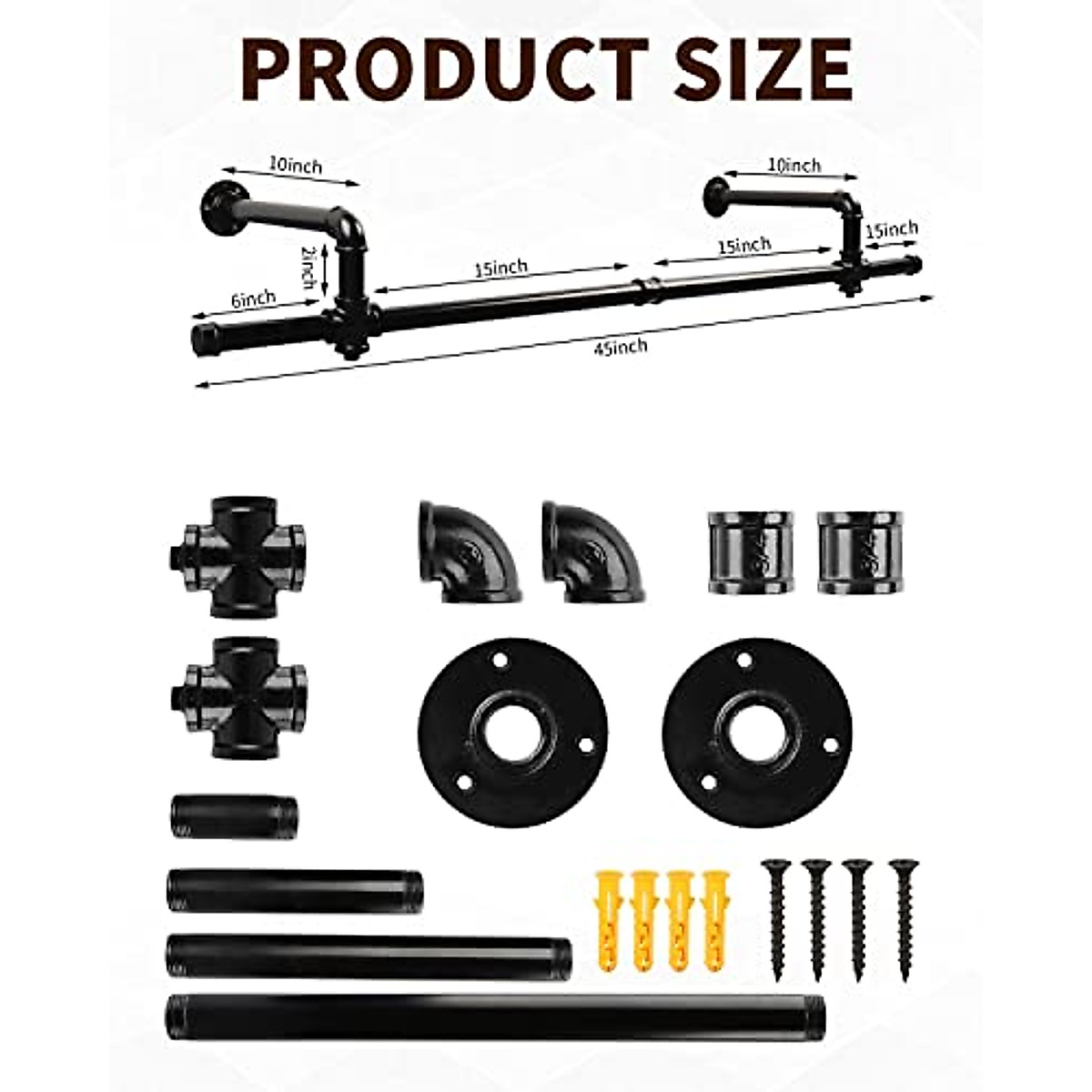 MUZIK 2Pcs Clothes Rack, 45 Inch Industrial Pipe Wall Mounted Garment Rack, Multi-Purpose Closet Rods for Hanging Clothes, Heavy Duty Detachable Hanging Rod for Laundry Room and Closet Storage