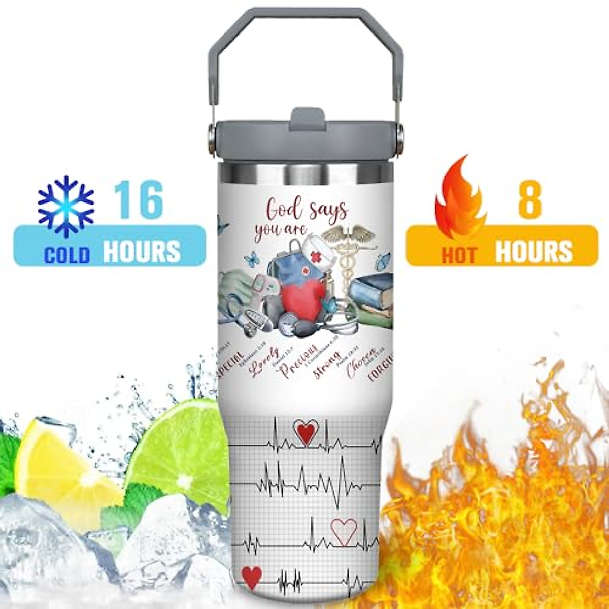 soeufnwhf 30oz Nurse Tumbler Cup with Handle Nurse Travel Coffee Mug, Nurse Nutrition Facts Tumbler, Best Nursing School Gifts, Nursing Graduation Gifts, RN Gifts for Nurses Appreciation Gifts, White