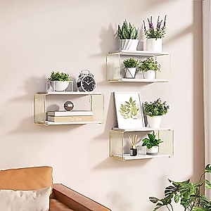 Filano Floating Nightstand White and Gold Wall Mounted Nightstand, Small Bedside Wall Shelves for Bedroom, Wood Floating Bed Side Table/Night Stand 2 Tiers Modern Decor