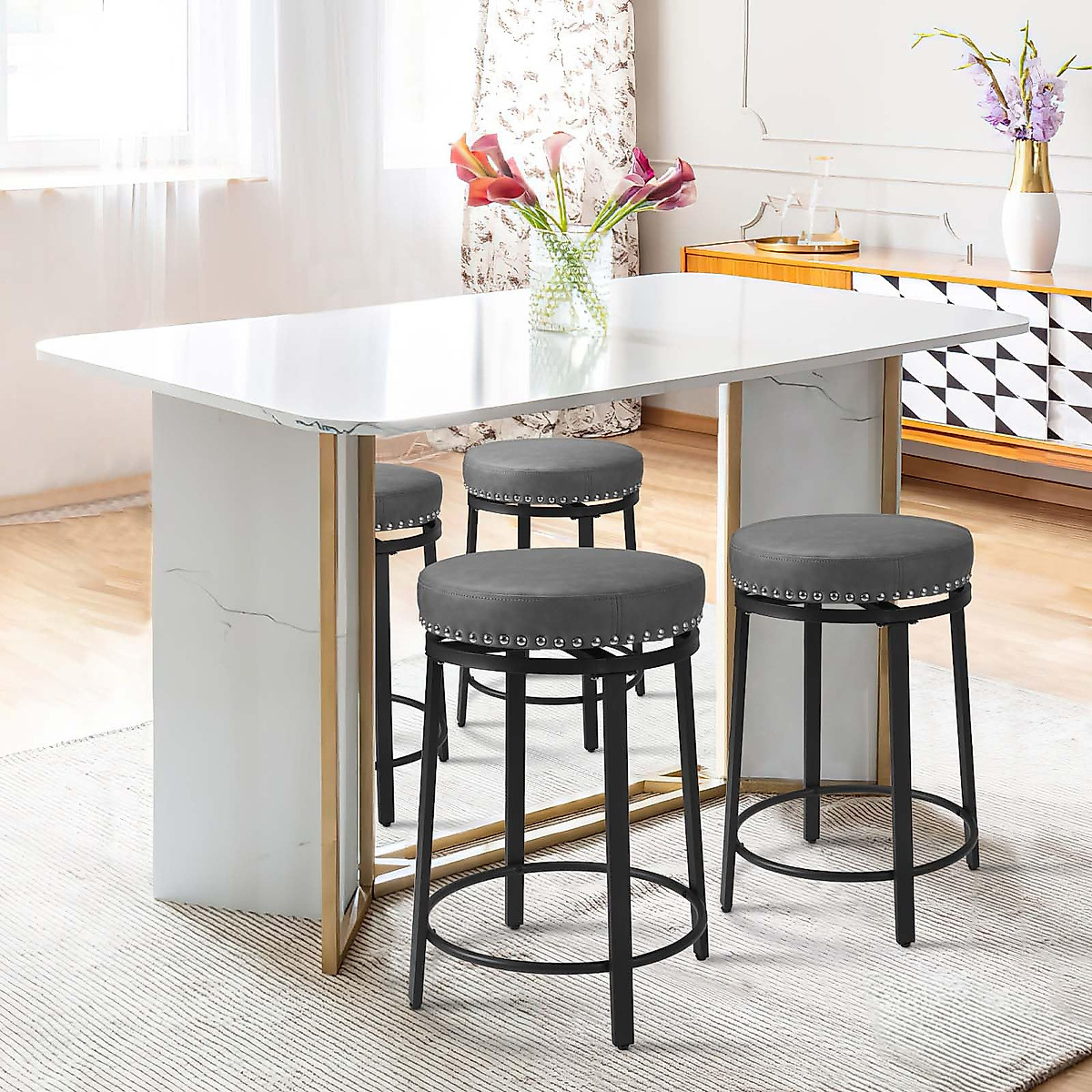 FLYZC Bar Stools Set of 2 Counter Height Swivel Bar Stools Backless Round Barstools 24inch Grey Upholstered Faux Leather Counter Height Stools Counter Stools for Kitchen Counter Island Grey