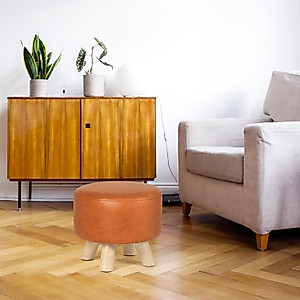 Homebeez Round Ottoman Stool Faux Leather Foot Rest, Small Footstool with Non-Skid Legs (Camel)