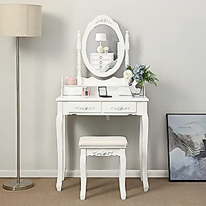 The Urban Port Ren 30-Inch 3-Piece Vanity Desk Set with Rotating Mirror and Matching Stool, 4 Drawers, Solid Wood, Pure White