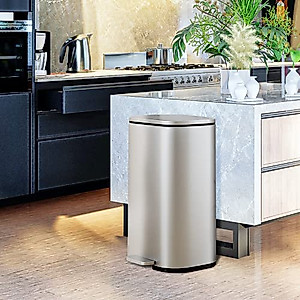 13 Gallon Trash Can, Fingerprint Proof Stainless Steel Kitchen Garbage Can with Hinged Lids & Removable Inner Bucket and Durable Pedal, Pedal Rubbish Bin for Home Office Indoor Outdoor, Silver