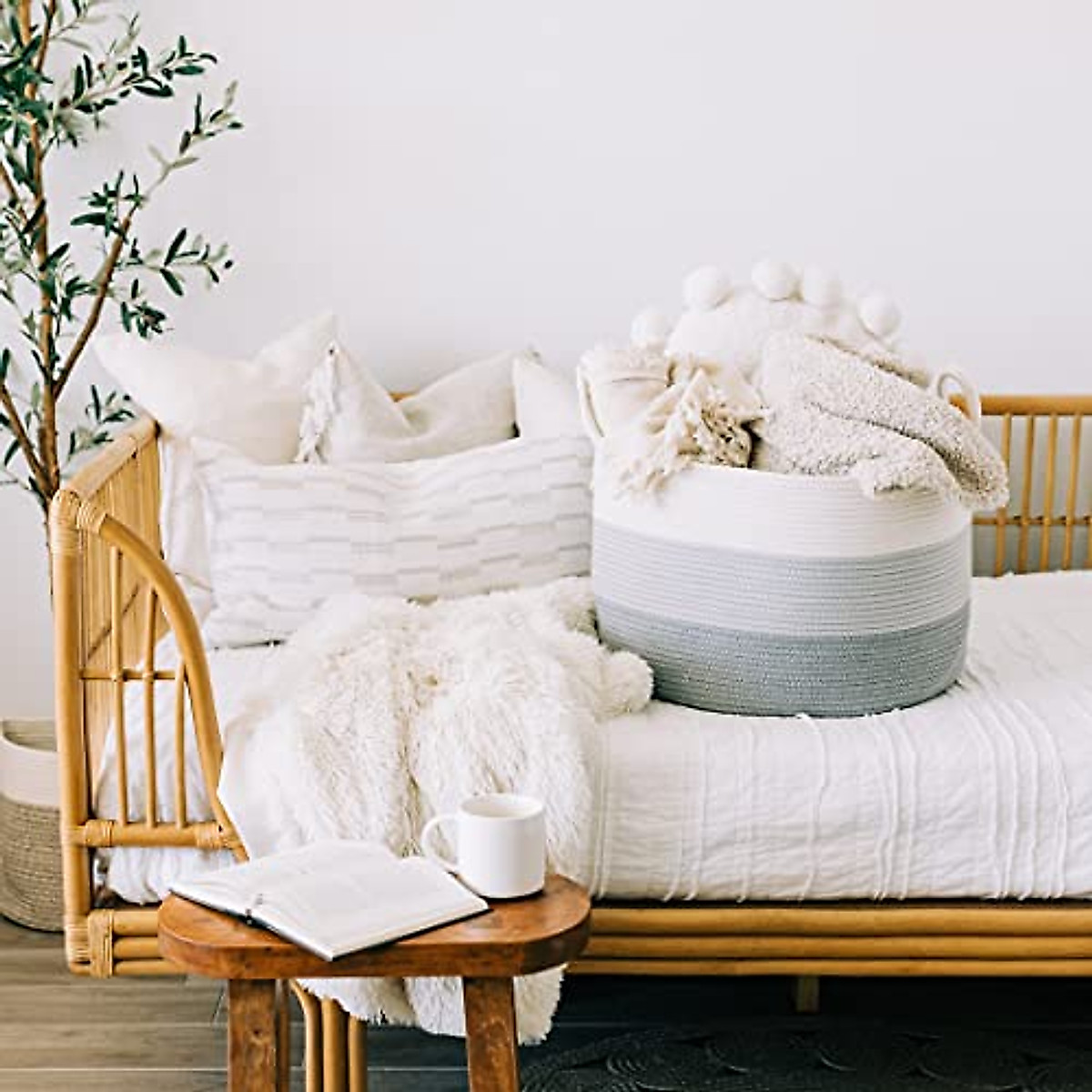 OrganiHaus Gray Extra Large Storage Basket for Blankets 20x13| Decorative Cute Laundry Hamper Basket for Clothes | Cotton Rope Basket for Blankets | Farmhouse Nursery Laundry Basket & Towel Hamper