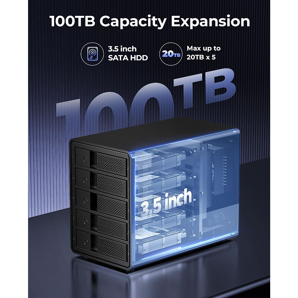 ORICO 5 Bay Raid Hard Drive Enclosure Aluminum USB 3.0 to SATA Hard Drive Tray Less Docking Station Max Up to 100TB Support RAID 0/1/3/5/10/JBOD Single Mode, Designed with Safety Lock-9558RU3