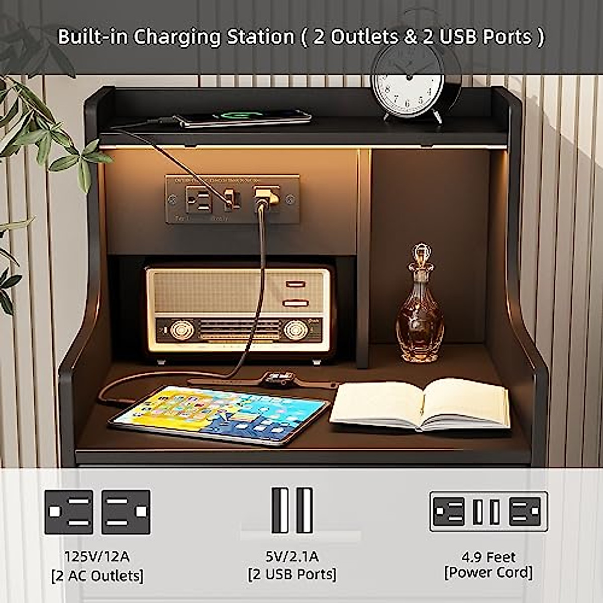 Vabches Nightstand with Charging Station & LED Lights, Black Nightstand with 2 Drawers and Open Storage, Bed Side Table Night Stand for Kids Bedroom Living Room,Small Bedside Table for Toddlers