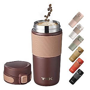 Insulated Coffee Travel Mug Double Wall Leak-Proof Thermos Vacuum Reusable Stainless Steel Tumbler, 15 oz, Brown