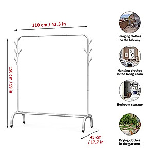HILI Clothing Garment Rack with Wheels, Metal Clothes Stand Rack with Shoe Storage Rod, Sturdy Steel Frame Coat Rack for Indoor, Laundry, Bedroom(White)