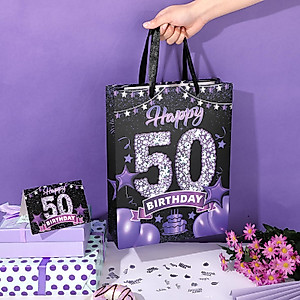 Black Purple 50th Birthday Gift Bag with Happy 50th Birthday Greeting Card and Tissue Paper for Women Black Purple 50th Birthday Gift Wrap Bag with Handles for 50th Birthday Party Decorations Supplies