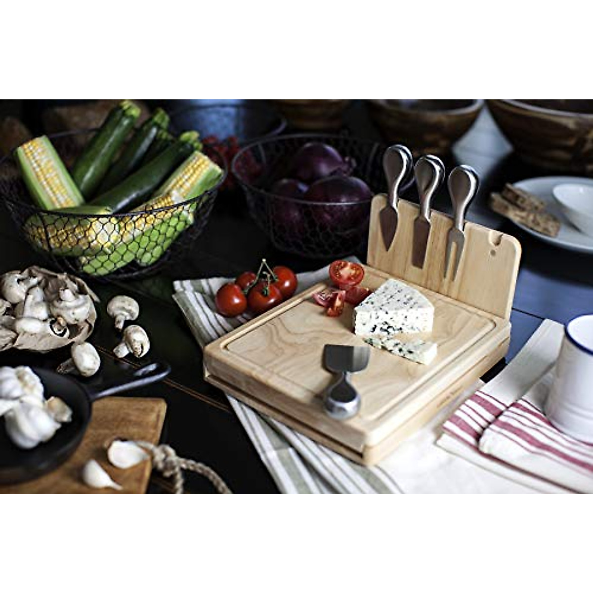 TOSCANA - a Picnic Time brand Asiago Cheese Board and Knife Set, Charcuterie Board Set, Wood Cutting Board with Cheese Knives, (Parawood)