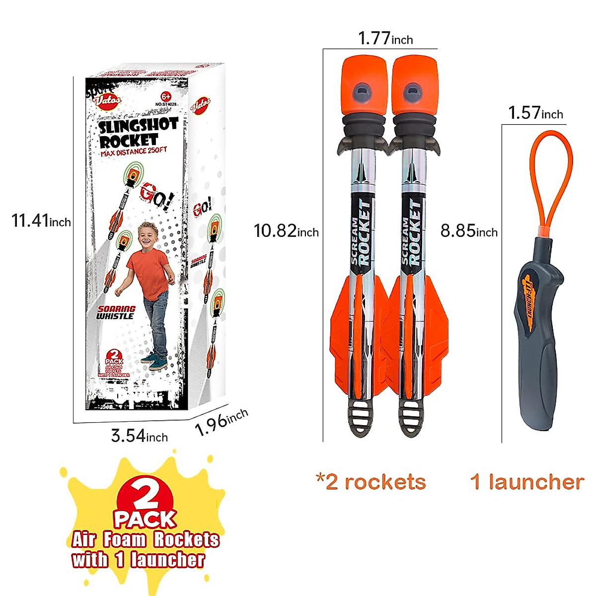 VATOS Slingshot Rocket Launcher Toys for Kids - Sky Rockets Air Foam Scream Rocket with 2 Pack & 1 Launcher | Shoots Up to 250 FT Outdoor Indoor Activity for Boys Girls Aged 4 5 6 7 8 9+