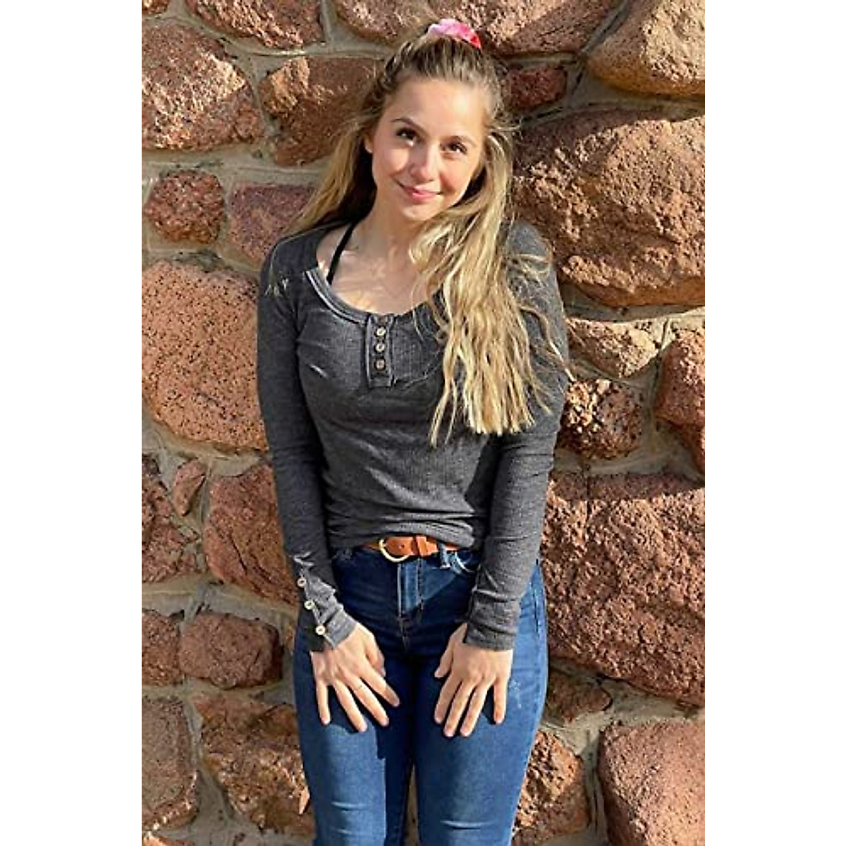 Kissfix Long Sleeve Shirts for Women 2023 Fall Fashion Clothes Sweaters Outfits Button Down Juniors Henley Tops Ribbed Knit Blouses Trendy Tshirts Black Grey