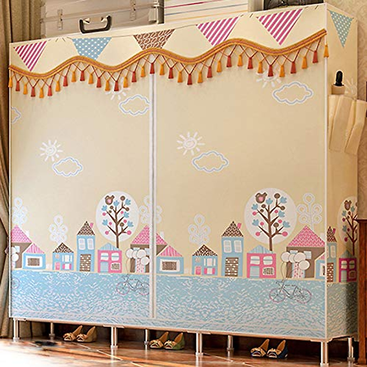 ZZBIQS Extra Large Wardrobe Clothes Storage Closet, Portable Garment Organizer Shelves Rack, Flannel Fabric Cover Standing Closet with Hang Rod and 2 Side Pockets, Beige