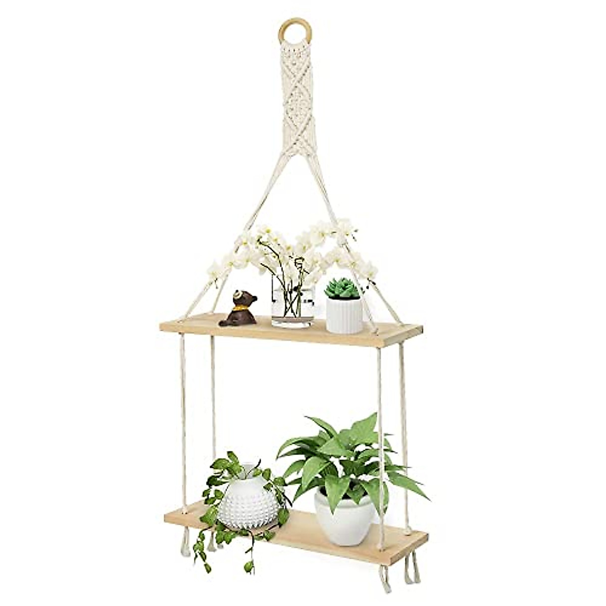 Afuly Macrame Hanging Shelves Wall Floating Shelf Natural Wood Chic Boho Decor 2 Tiers Pine Wood Cotton Rope Beige for Bedroom Bathroom Living Room Decor Ready to Hang, Beige