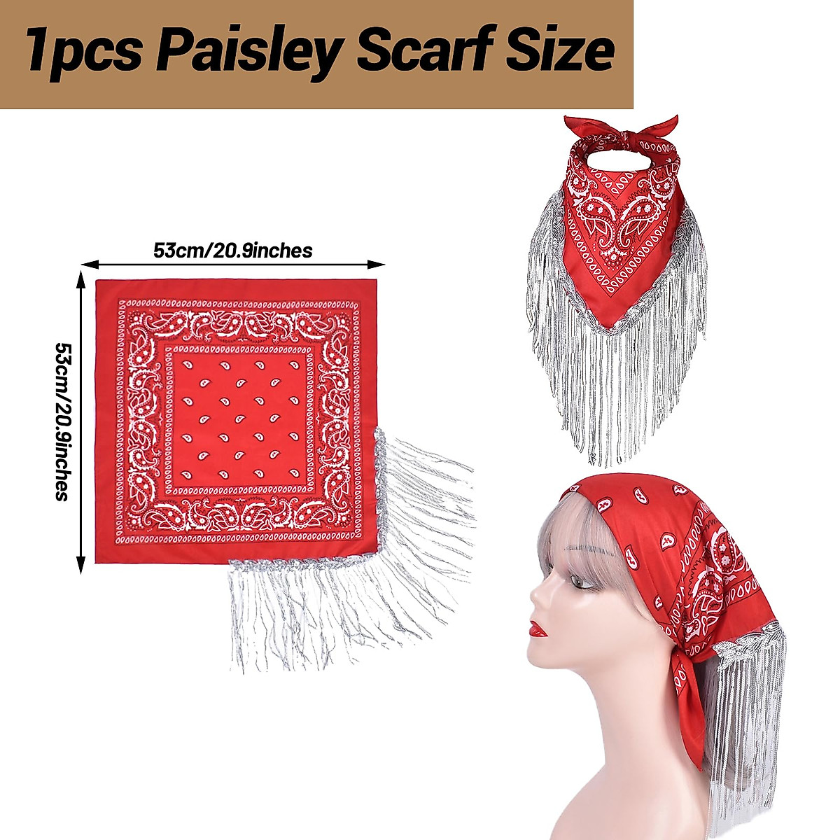 Cowboy Hat with Fringed Bandana Set for Women Wide Brim Western Cowgirl Hat Paisley Head Wrap Scarf (Red)