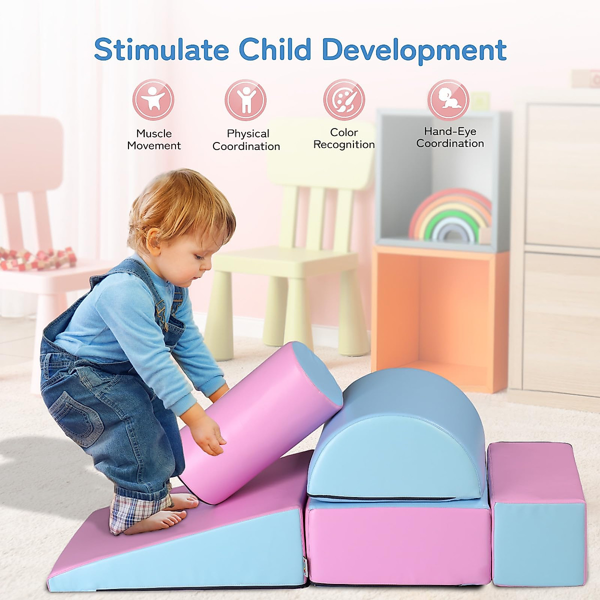 JOYMOR Soft Foam Climbing Blocks 5-Pieces Set, Climb and Crawl Foam Blocks, Beginner Toddler Climber Set with Slide & Ramp, Indoor Active Play Structures for Baby and Toddlers Age 1-3